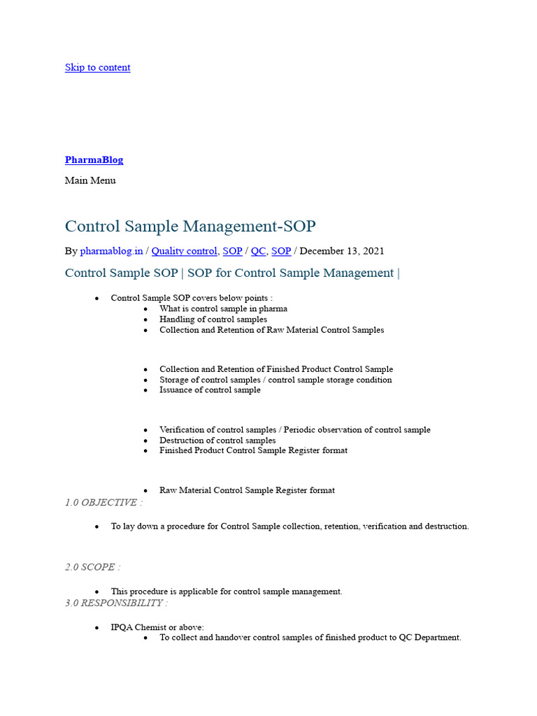 Control Sample SOP - SOP For Control Sample Management | PDF ...