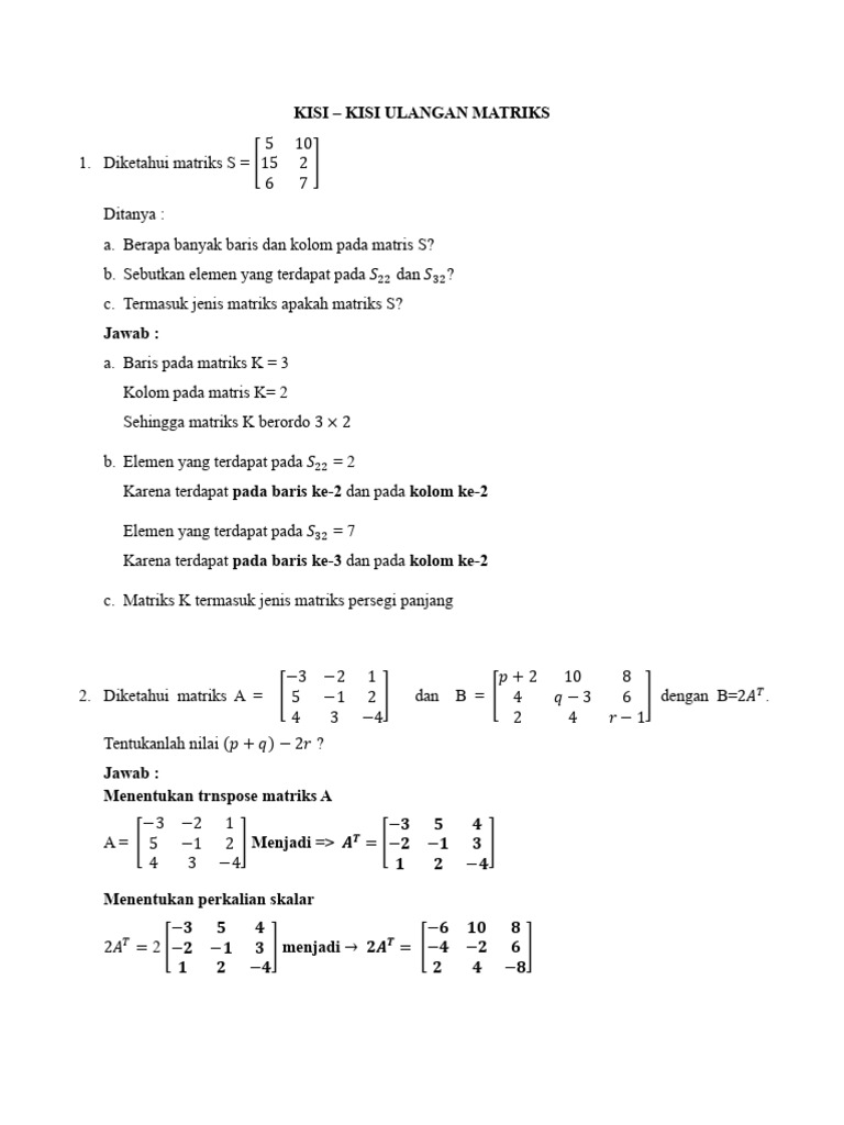 Kisi - Kisi Ulangan Matriks | PDF | Metode & Bahan Ajar