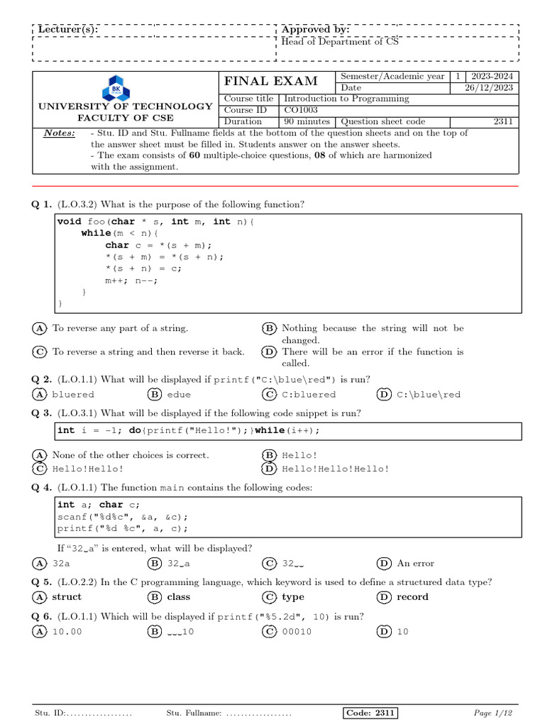 231 CO1003 Final | PDF | Pointer (Computer Programming) | Software Engineering
