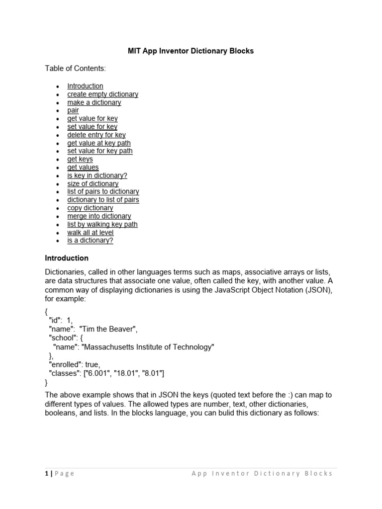 MIT App Inventor Dictionary Blocks Guide | PDF | Json | Computer ...