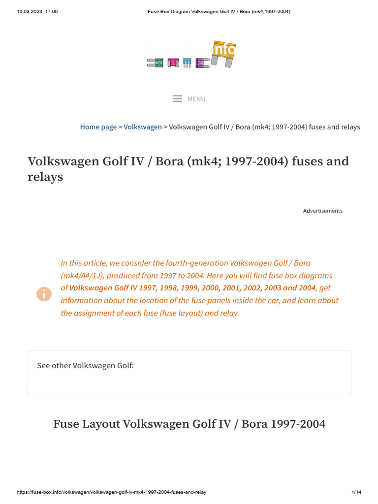Fuse Box Diagram Volkswagen Golf IV - Bora (Mk4 1997-2004) | PDF | Anti ...