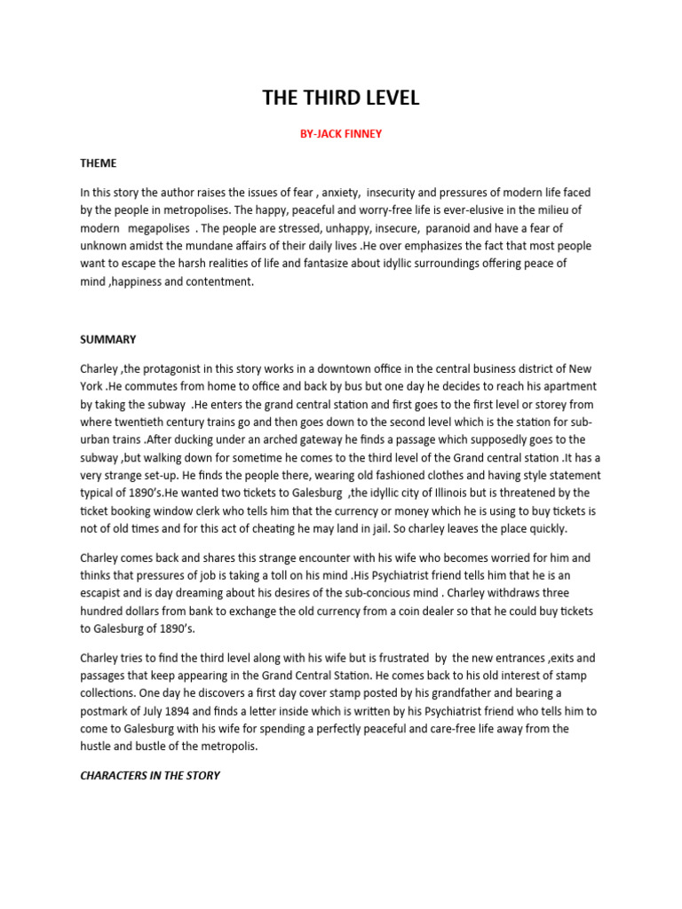 The Third Level Std-Xii (Theme, Summary, Questions) | PDF