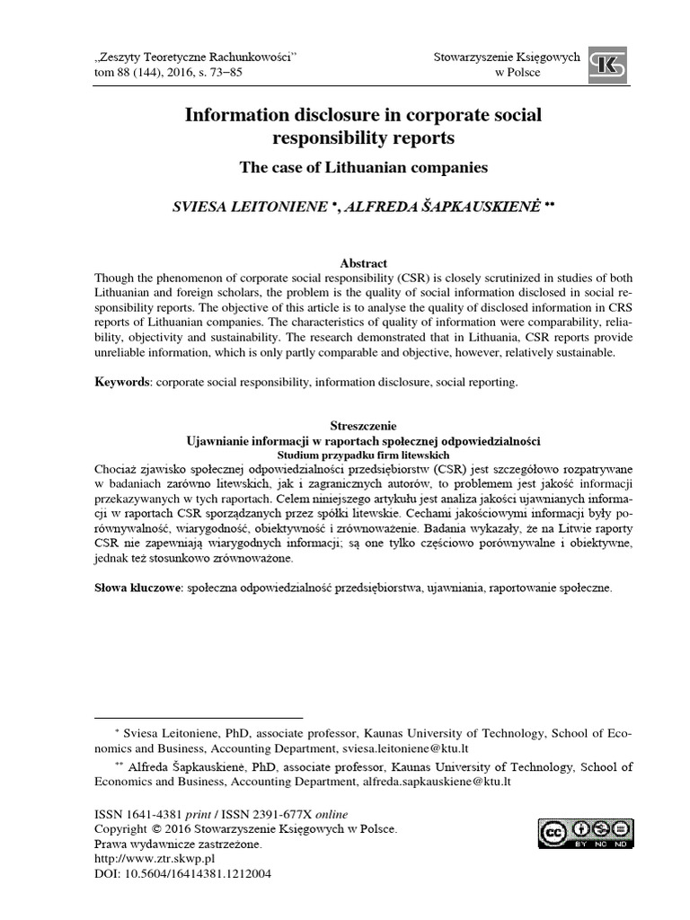 Information Disclosure in Corporate Social Responsibility Reports | PDF