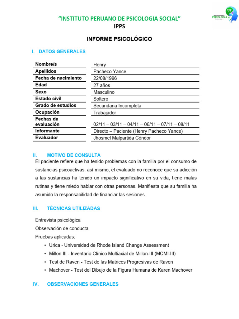 Informe Psicologico Henrry - IPPS | PDF