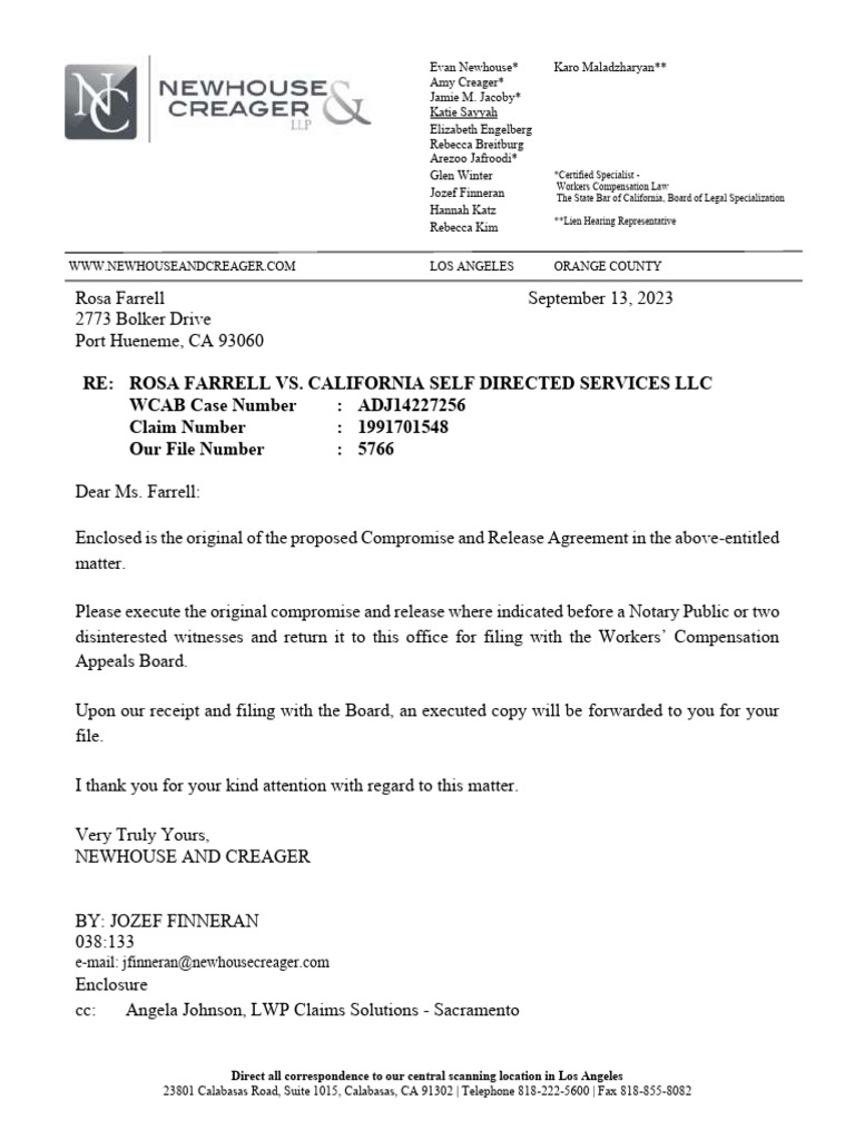 Letter To Applicant Re Proposed Compromise and Release 2 | PDF