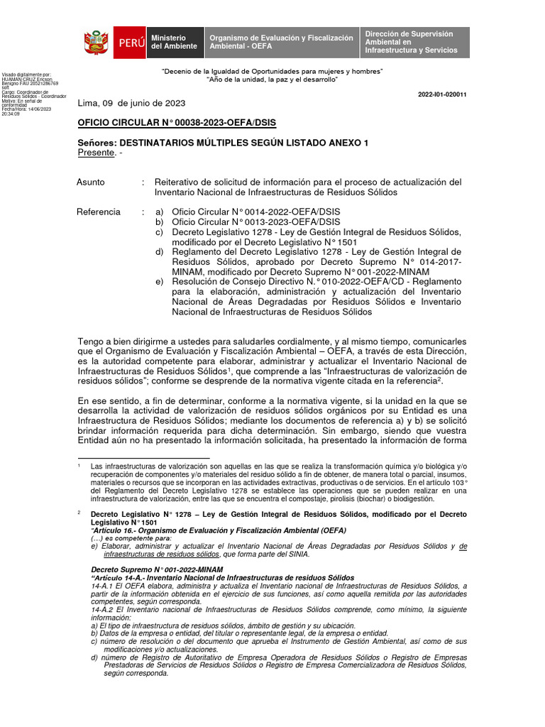 Oficio Circular #00038-2023-Oefa - Dsis | PDF | Residuos | Economias