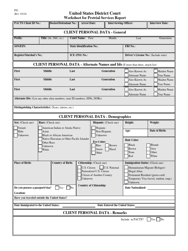 PS - 0002 Pretrial Services Interview Questionnaire | PDF | Mental ...