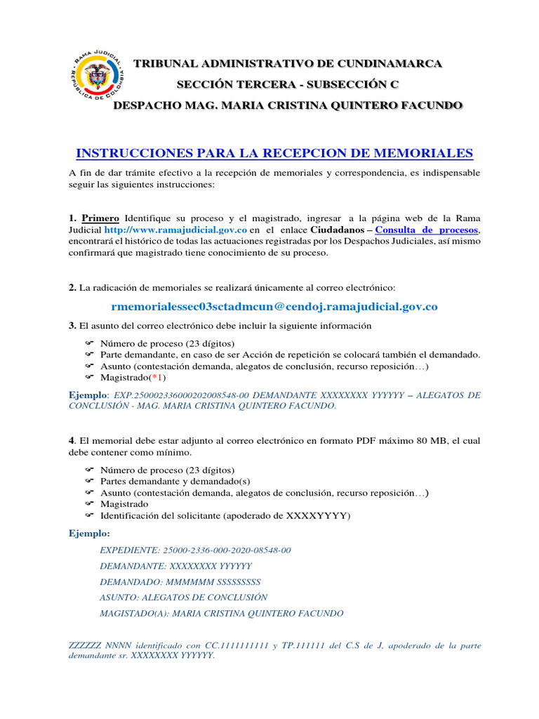Instrucciones Recepción Memoriales Cundinamarca | PDF