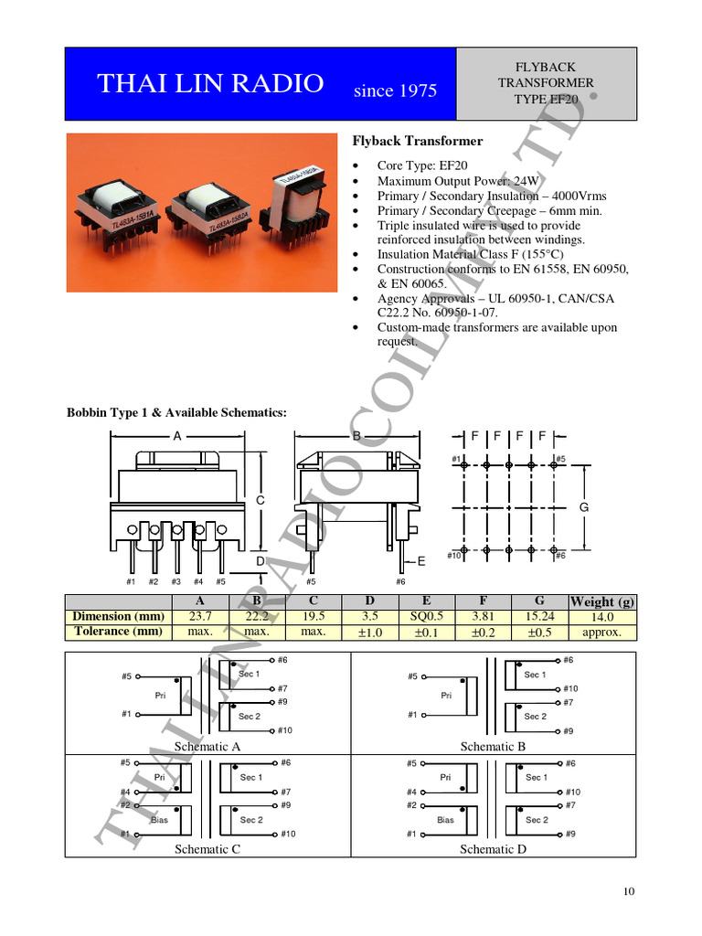 010 012 Flyback Transformer EF20 TL483 Series | PDF | Transformer | Electronic Engineering