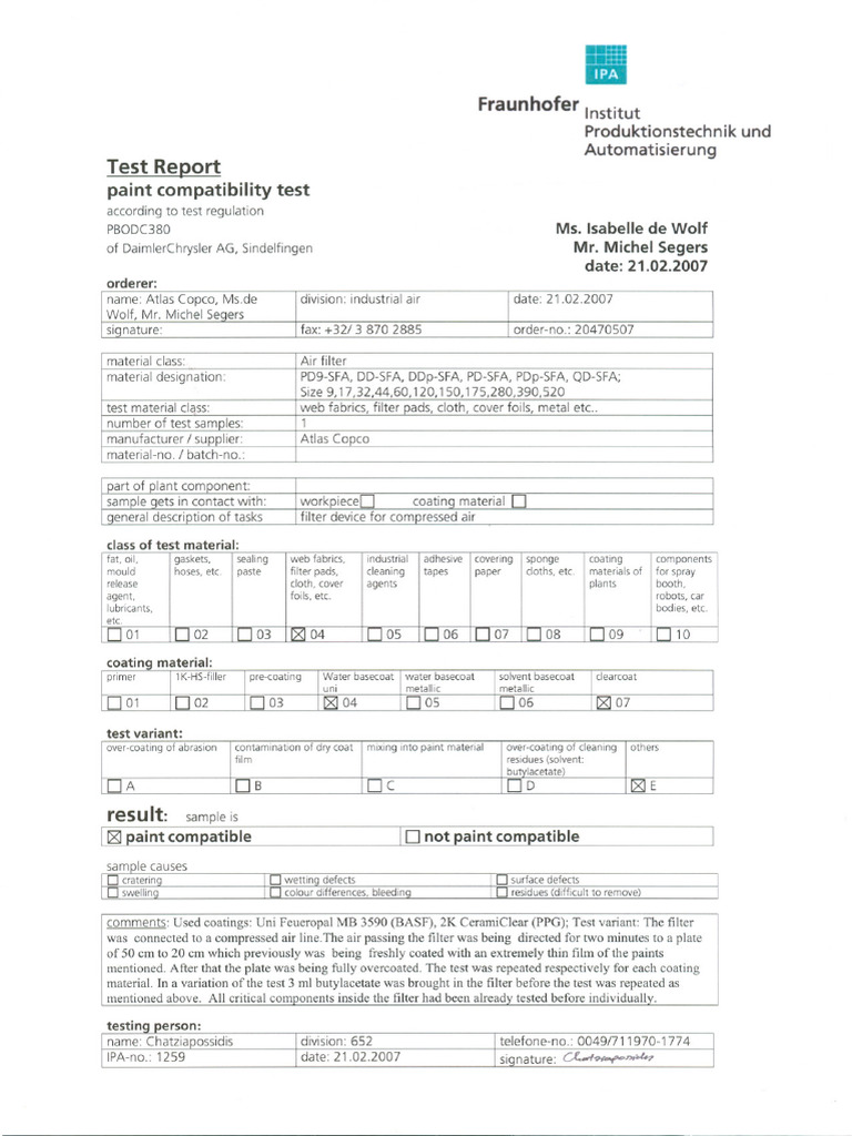 SFA Filter Silicone Free Certificate | PDF