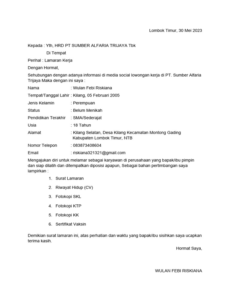 Lamaran Kerja Wulan Febi Riskiana | PDF