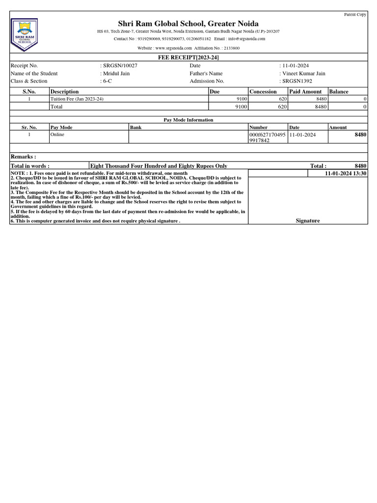 FeeReceipt 1 | PDF | Cheque | Fee