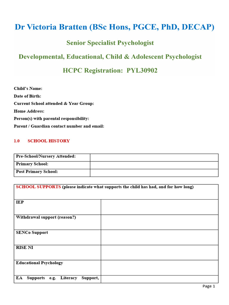 Psychological Assessment Referral Proforma (Dr v Bratten) | PDF ...