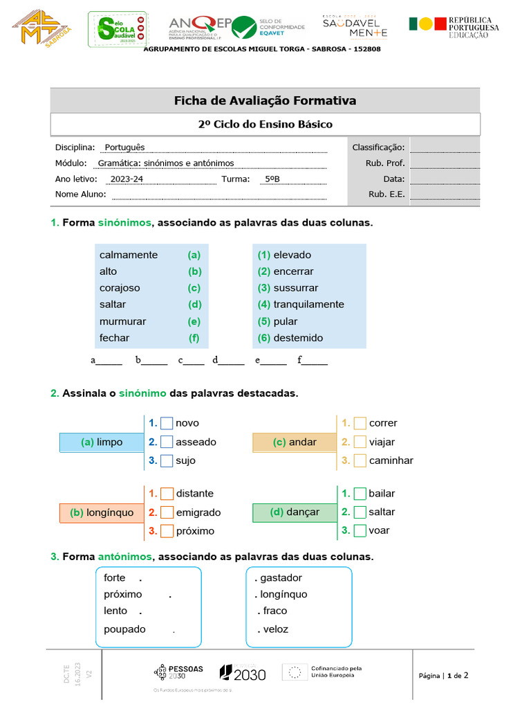 5º Port Ficha de Avaliação Formativa Sinónimos Antónimos | PDF