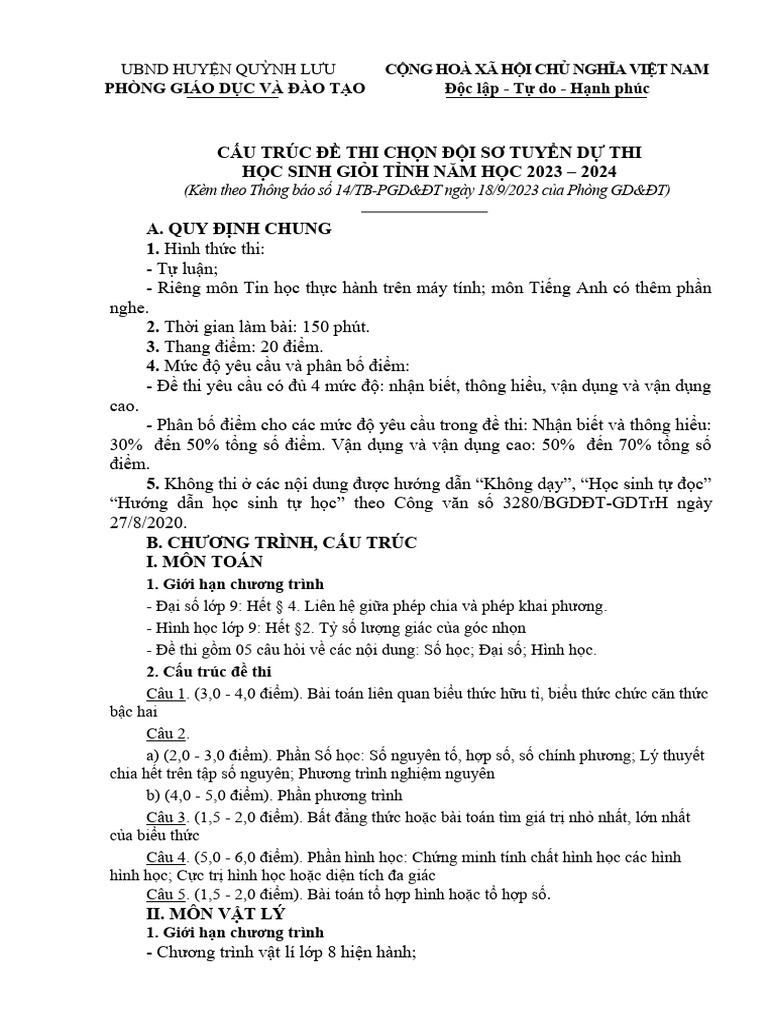 CAU TRUC DE THI CHON DOI SO TUYEN 2023-2024 (1) | PDF