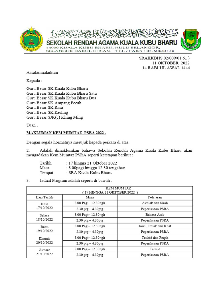 SURAT KEM MUMTAZ PSRA 2022 (SK) | PDF