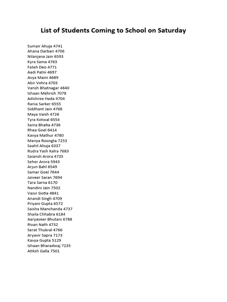 List of Students Coming To School On Saturday | PDF | Religion ...