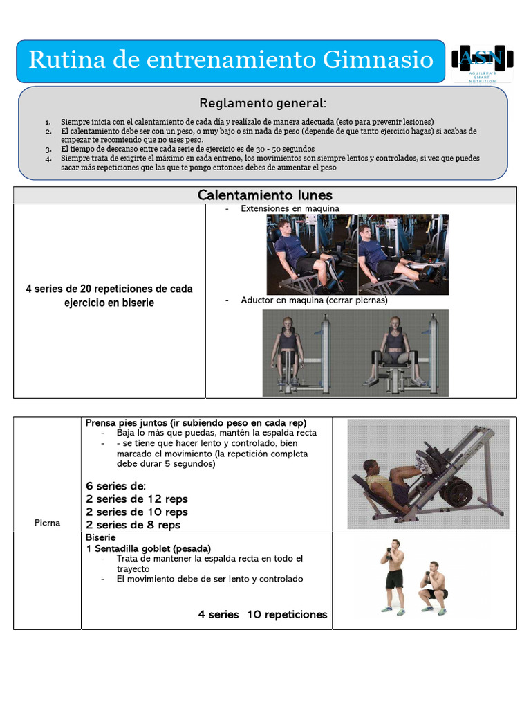 Rutina de Gimnasio: Entrenamiento Semanal | PDF | Anatomía humana | Entrenamiento con pesas