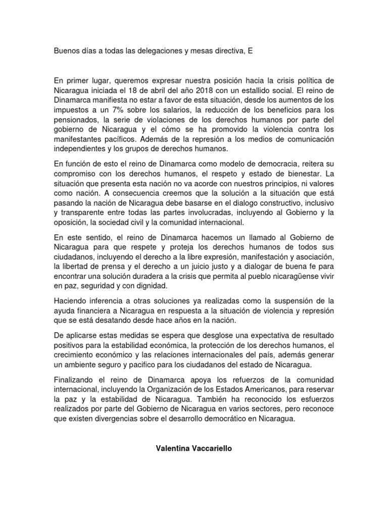 Discurso Del Modelo de Naciones Unidas | PDF | Nicaragua | Derechos humanos