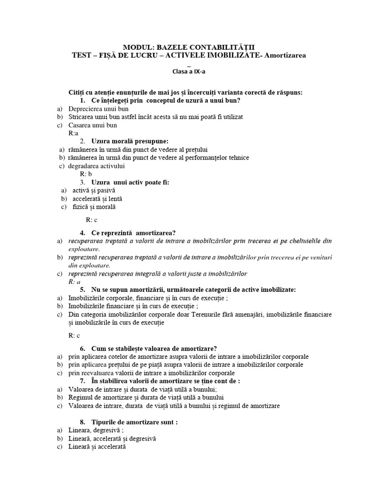 TEST - ACTIVELE-IMOBILIZATE - Amortizarea - Dana Luiza Cioară | PDF