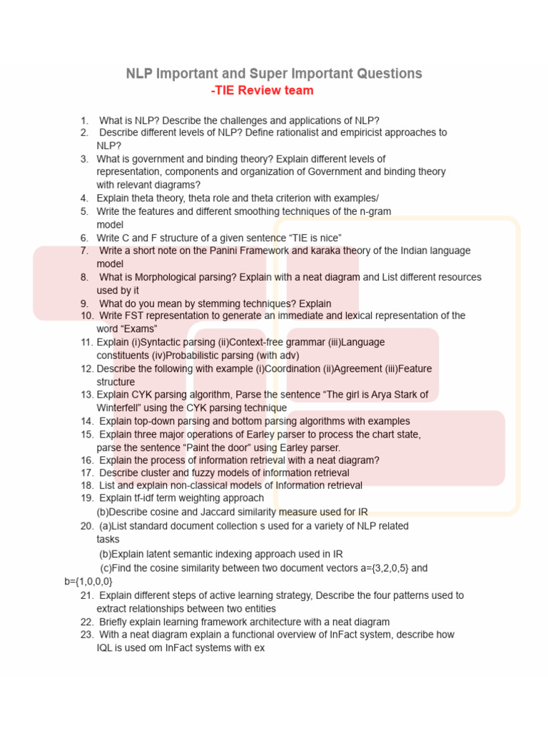 Key NLP Exam Questions and Answers | PDF | Parsing | Cognitive Science