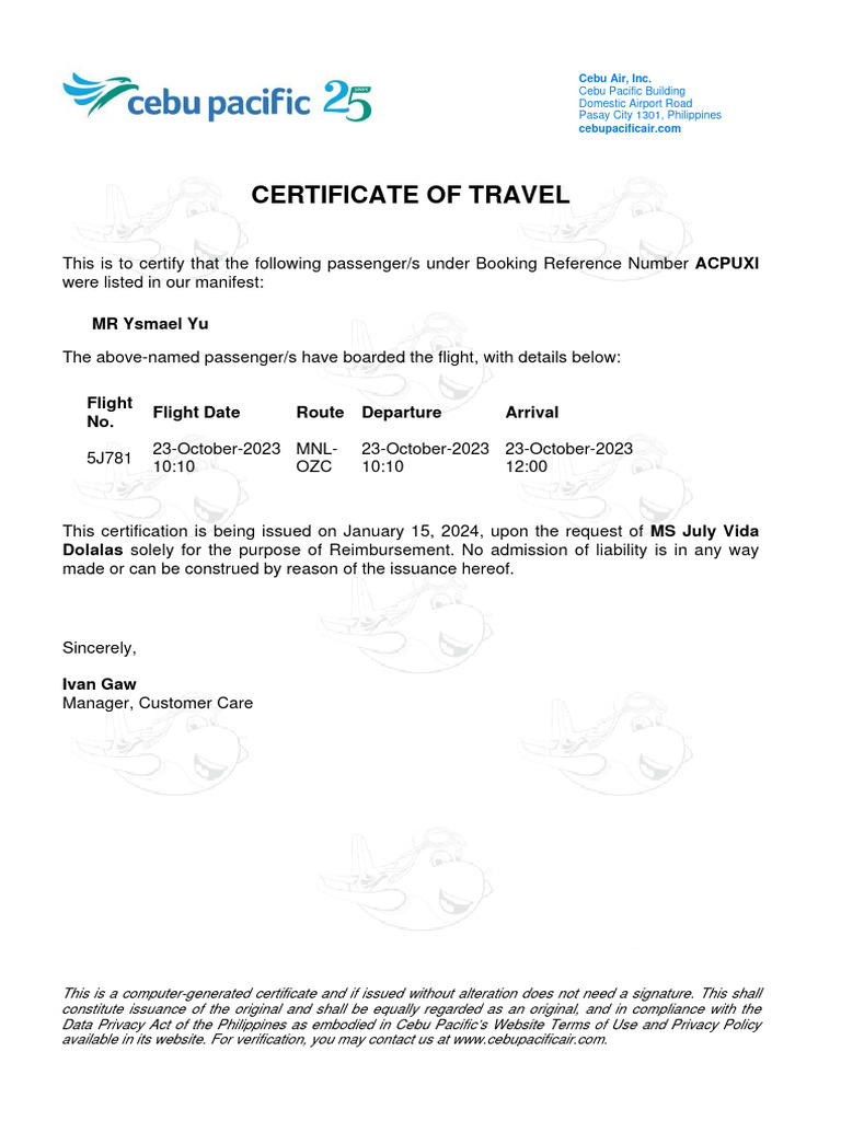 Certificate of Travel | PDF