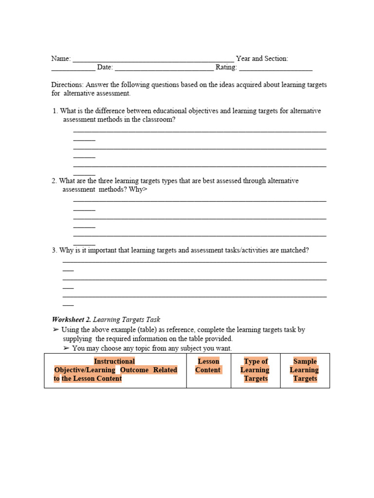 Alternative Assessment Learning Targets Guide | PDF | Educational Assessment | Learning