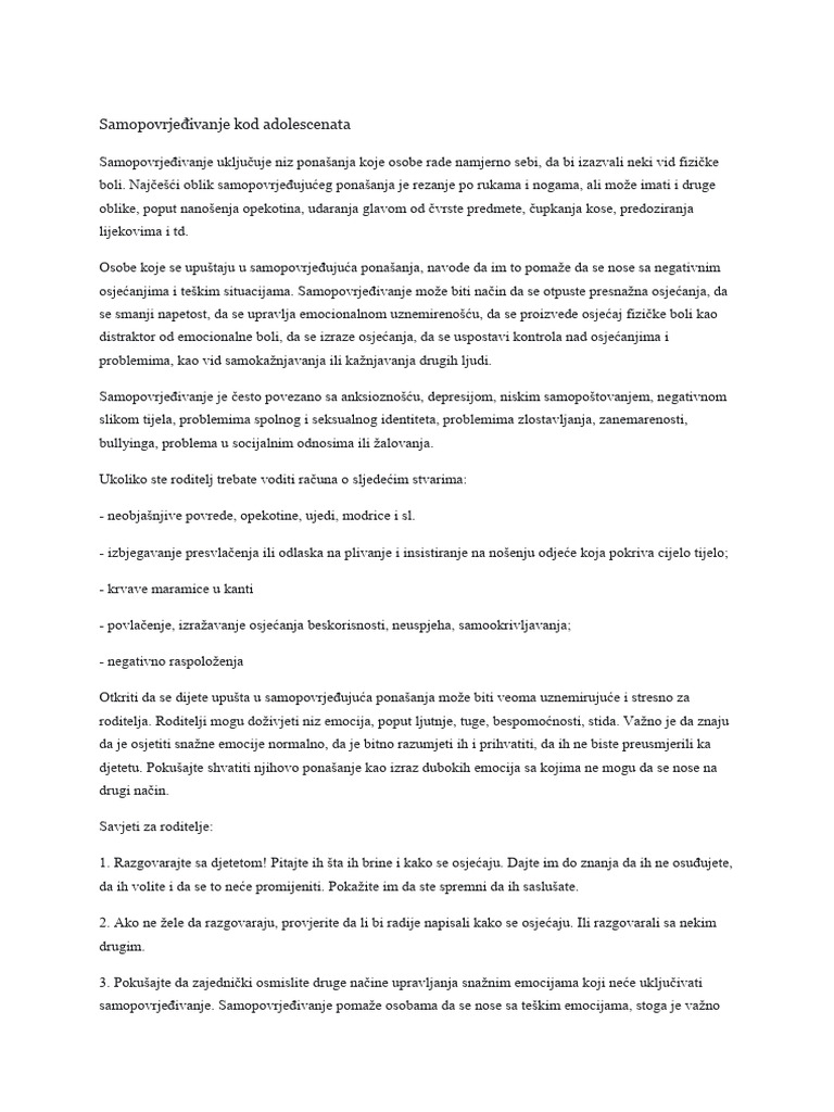 Samopovrjeđivanje Kod Adolescenata | PDF