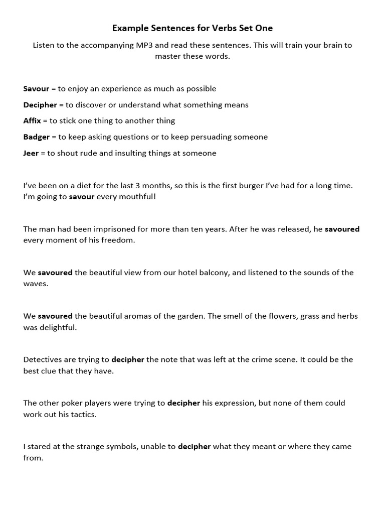 Example Sentences for Key Verbs | PDF