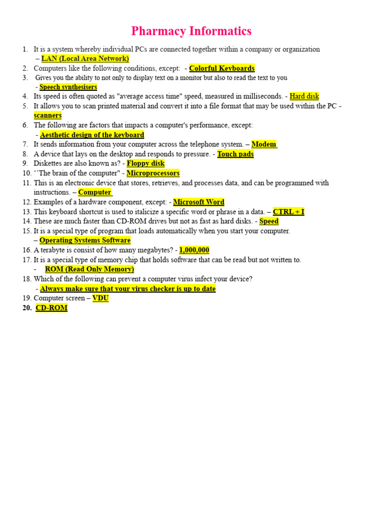 Pharmacy Informatics Computer Quiz | PDF