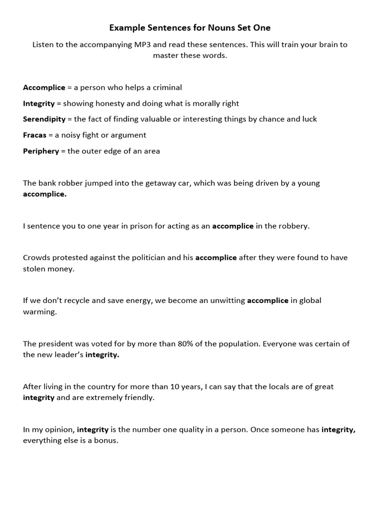 1.4 Nouns Set 1 Example Sentences | PDF | Integrity