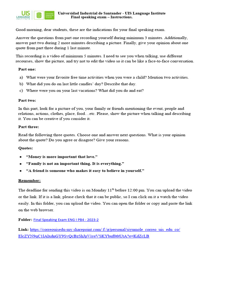 UIS Language Institute Speaking Exam | PDF
