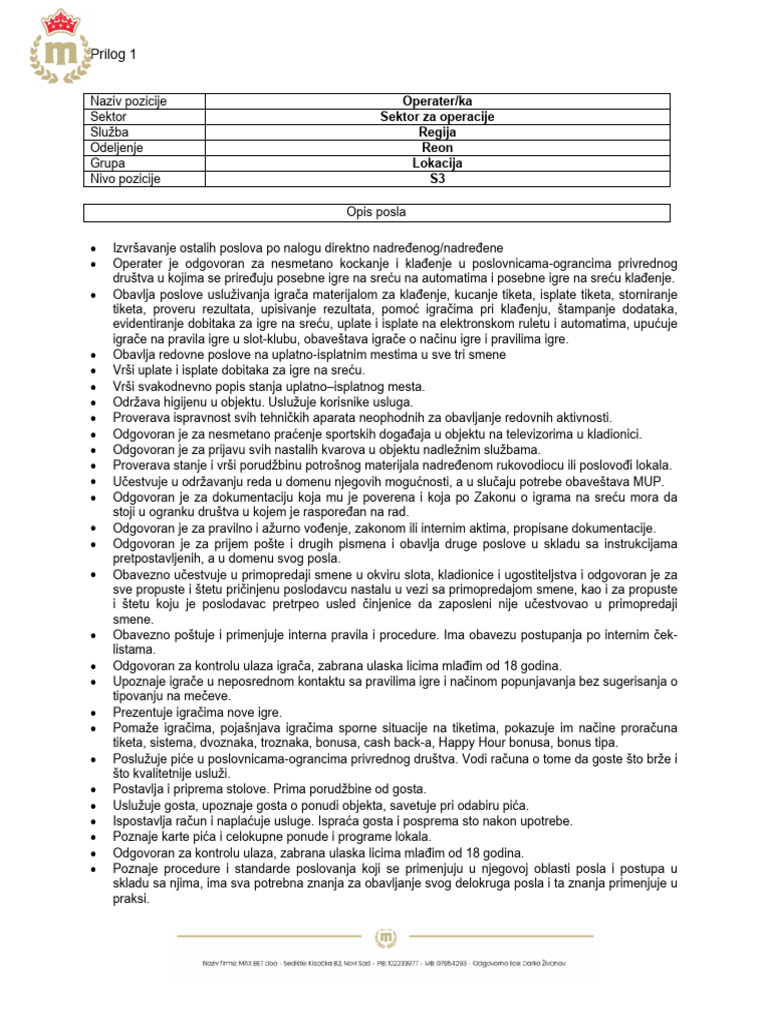 Prilog 1: Operater/ka Sektor Za Operacije Regija Reon Lokacija S3 | PDF