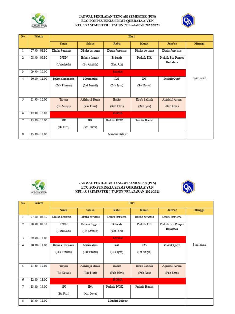 JADWAL PTS Kelas 7&8 Semester 1 | PDF