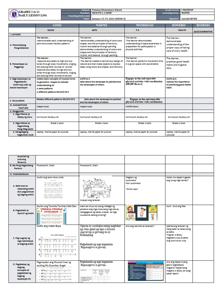 DLL Mapeh-1 Q2 W9 | PDF | Learning | Singing