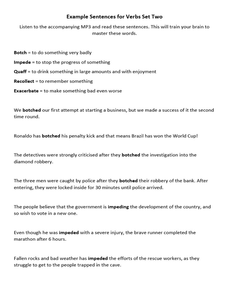 1.2 Verbs Set 2 Example Sentences | PDF
