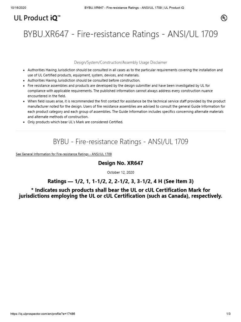 BYBU - xr647 - Fire-Resistance Ratings - ANSI - UL 1709 - UL Product IQ | PDF | Materials ...