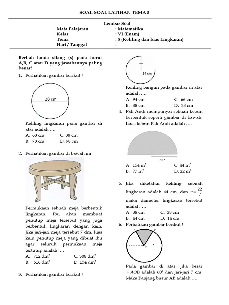 SOAL LATIHAN MTK Kls 6 Tema 5 Luas Dan KLL Lingkaran | PDF