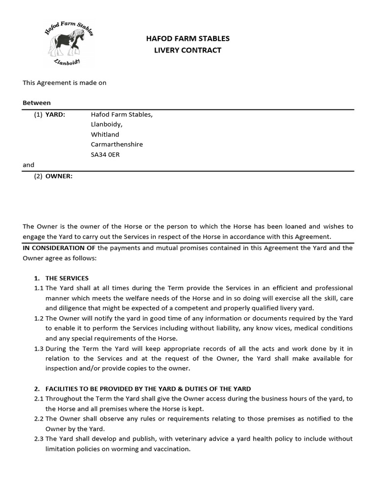Hafod Livery Agreement Pdf Horses Veterinary Medicine