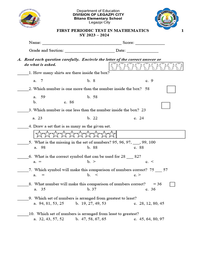 Grade 1 Mathematics Periodic Test | PDF | Mathematics