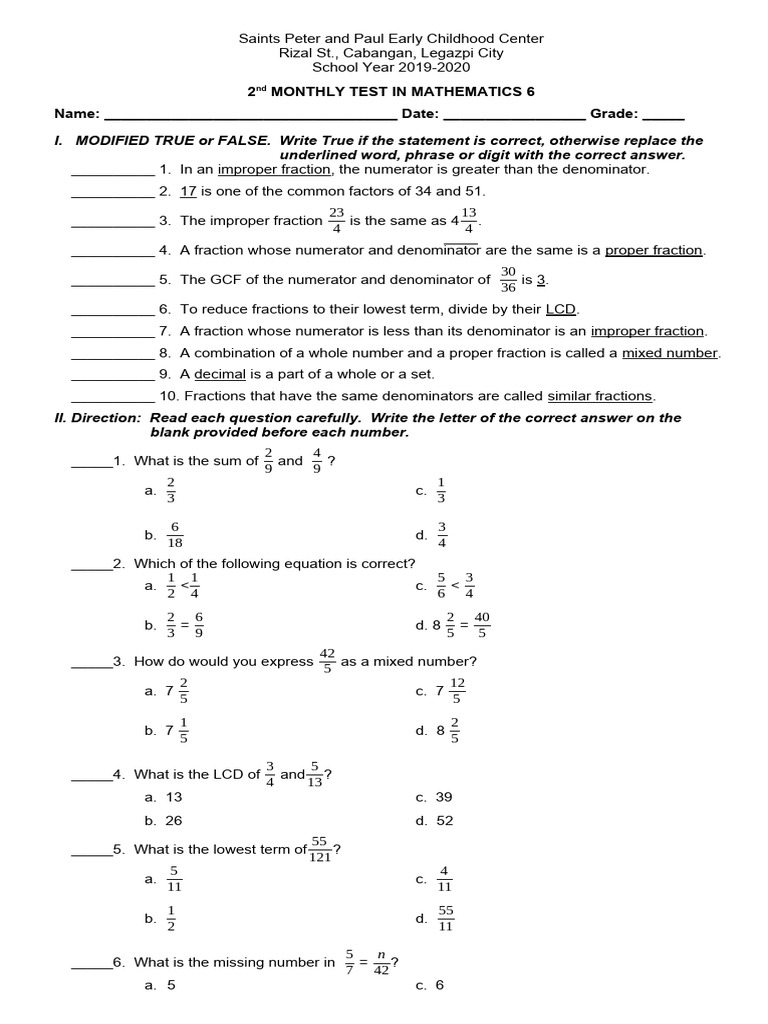 2nd Monthly Test Math 5 & 6 2019 | PDF
