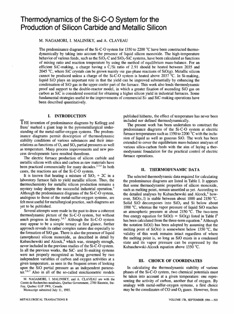 Thermodynamics of The Si-C-O System For The Production of Silicon Carbide and Metallic Silicon ...