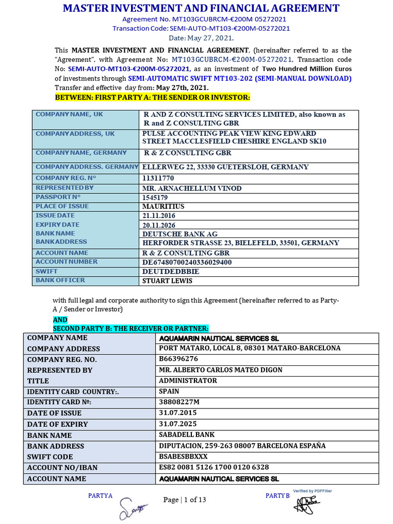 MT 103-202 AQUAMARIN NAUTICAL SERVICES SL Firma Ok | PDF | Banks | Wire ...