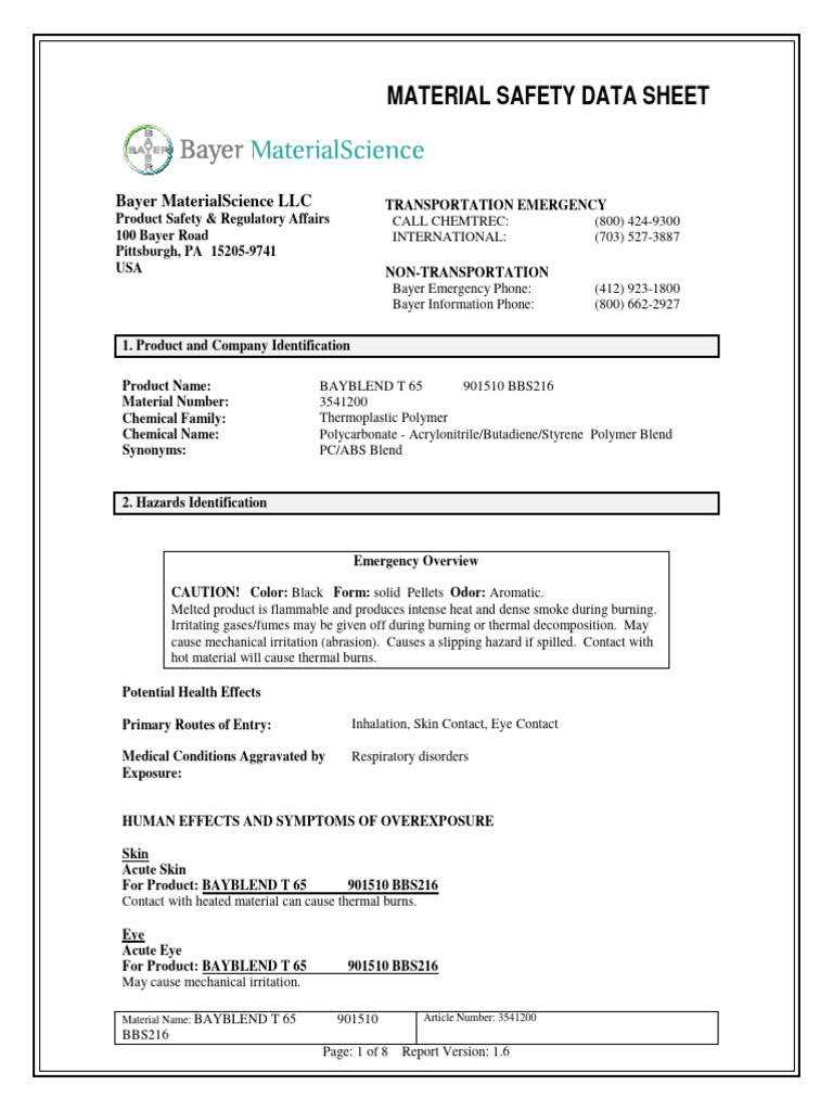MSDS Baybl T65 901510 | PDF | Hazardous Waste | Resource Conservation And Recovery Act