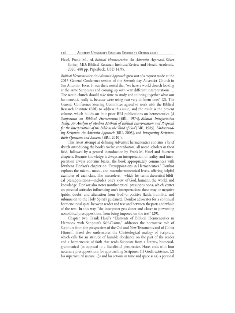 Biblical Hermeneutics - An Adventist Approach (Review) - Hasel FR | PDF ...