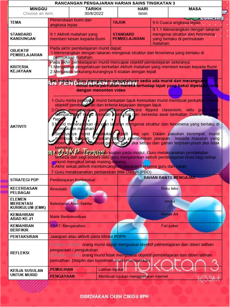 RPH Sains Tingkatan 3 KSSM 09 | PDF