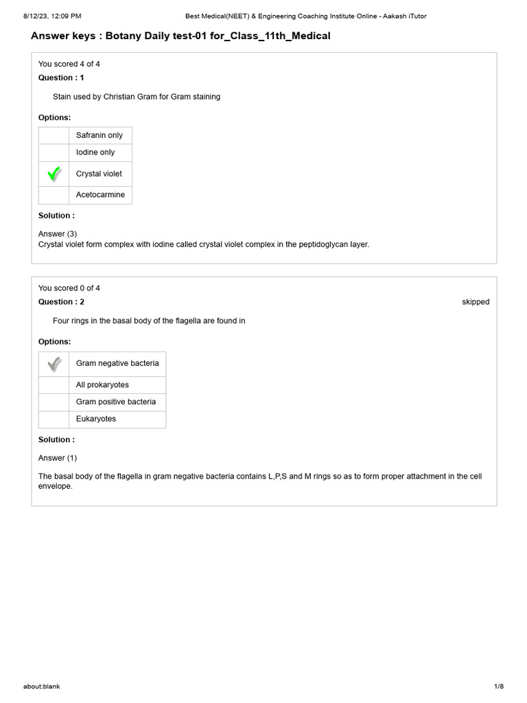 Answer Keys: Botany Daily Test-01 For - Class - 11th - Medical ...