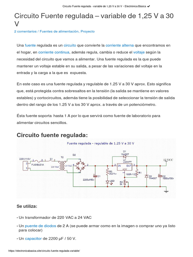 Proyecto Circuito Fuente Regulada - Variable de 1,25 V A 30 V | PDF ...