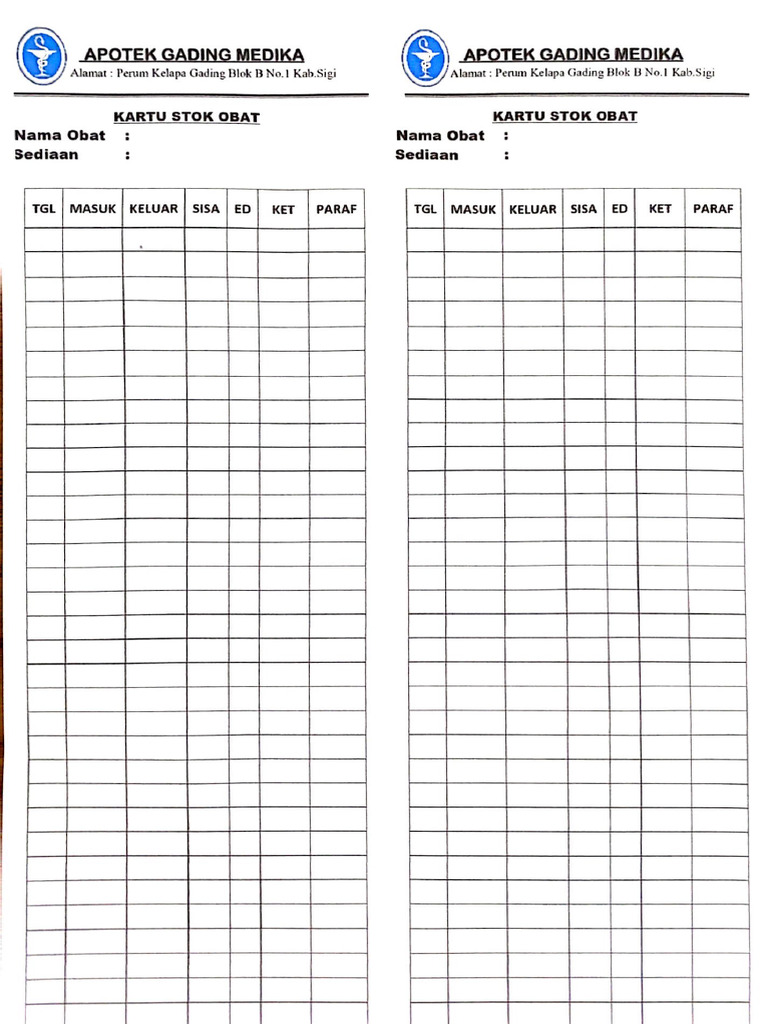 Kartu Stok Obat Apotek Gading Medika | PDF