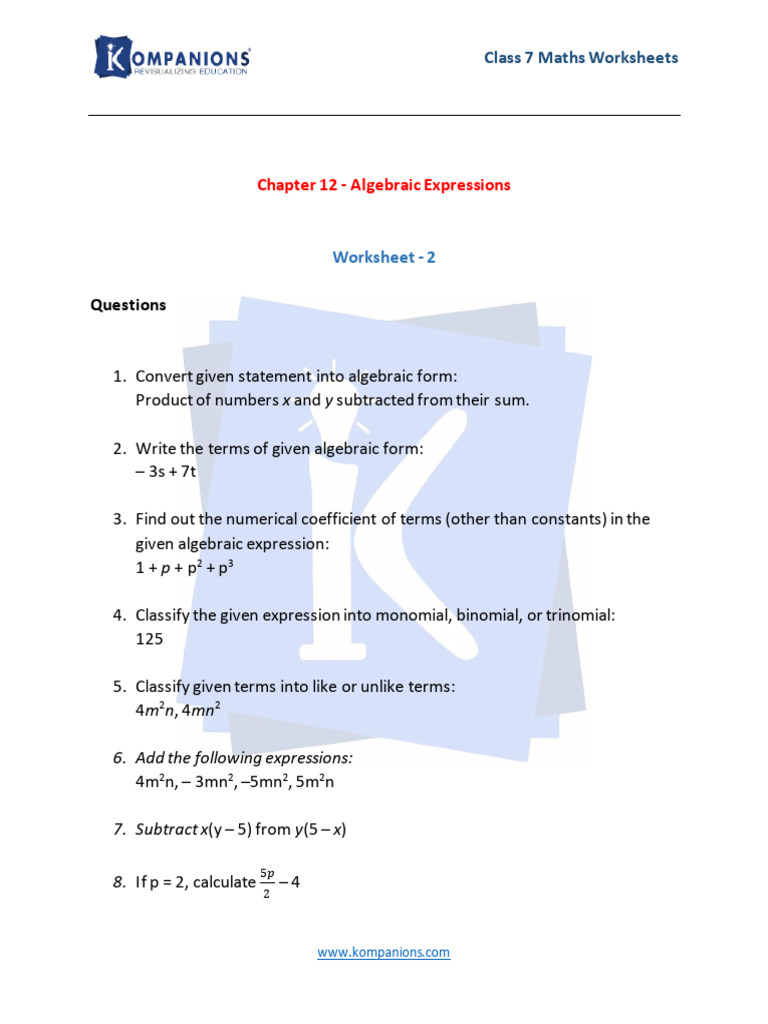 Class 7 Maths Chapter 12 Algebraic Expressions Worksheet 2 | PDF